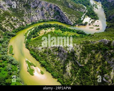 Aerial view, Nestos or Mesta River, Nestos Gorge, Galani, Macedonia and ...