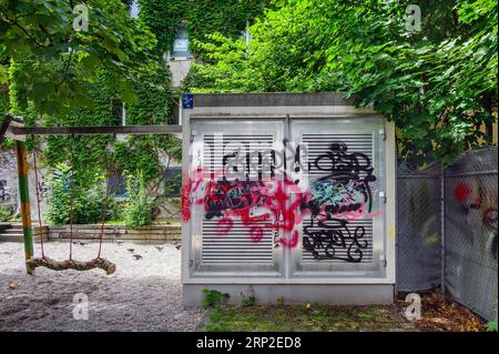 Vandalism, graffiti on transformer buildings, Allgaeu, Bavaria, Germany ...