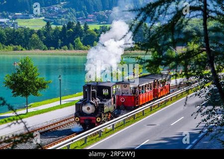 Historic steam cogwheel railway, Achenseebahn on the lakeside, Maurach ...