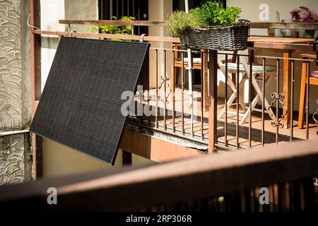 Solar panel in a backyard, mounted balcony power plant, Duesseldorf ...