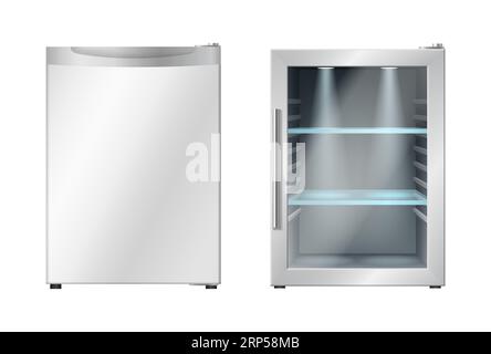 Mini refrigerator, empty white kitchen fridge with close and open door ...