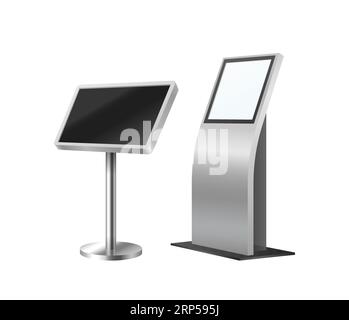 Self order kiosk realistic 3d vector mockup. Vending machines with sensor panel, receipts and ...
