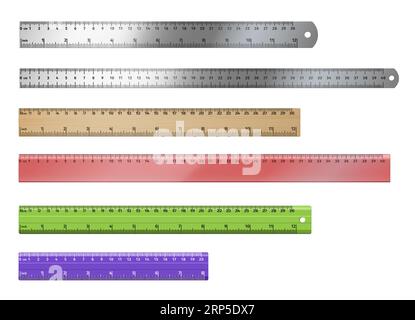 Realistic metal and plastic rulers. Measurement scales with divisions ...