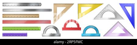 Rulers collection. Measuring scale triangular protractor math geometry tools, school measurement ...