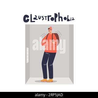 Claustrophobia. Frightened man in elevator, fear of confined space ...