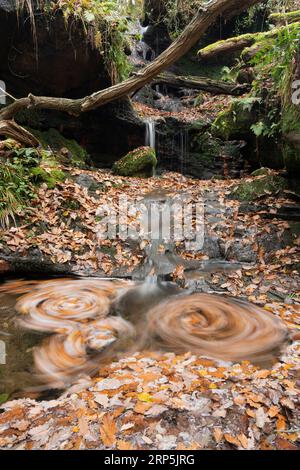A waterfall near Coalbrookdale, Ironbridge in Autumn with eddy pools ...