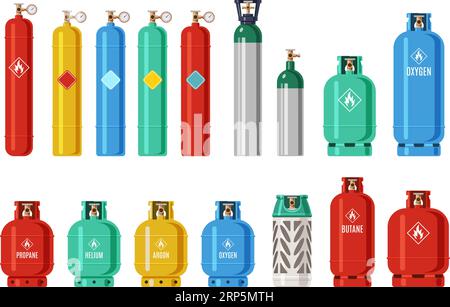 Set of propane gas cylinders. Blue green and yellow gas tank, gas ...