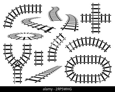 Set of vector railroad and railway tracks construction elements. Straight and curved railroad ...