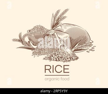Rice hand drawn. Agricultural background with sacks grains wheat ...