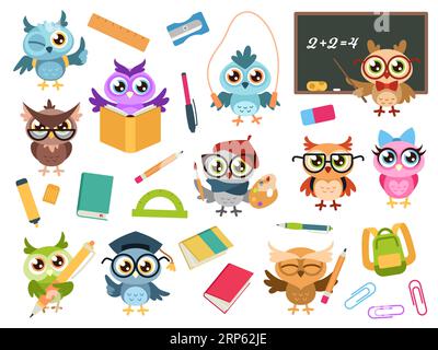Owl teacher. Cartoon bird characters with back to school items cute ...