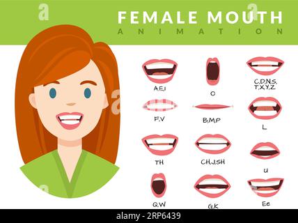Girl face with mouth movement sync in pronunciation different english phoneme. Animation set of ...