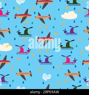 Seamless pattern of cute helicopter, airplane, cloud and text Fly High ...
