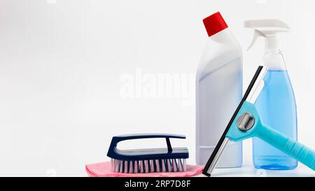 Arrangement with cleaning products white background. High quality photo ...