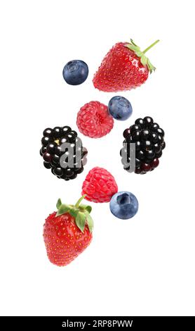 Blackberries, blueberries, strawberries and raspberries falling on ...