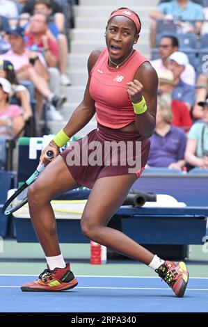 Coco Gauff of the U.S. reacts as she plays against Mayar Sherif of ...
