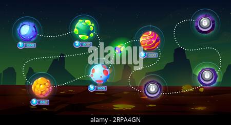 Space game ui level map with imaginary sweet dessert planets on path. Cartoon vector ...