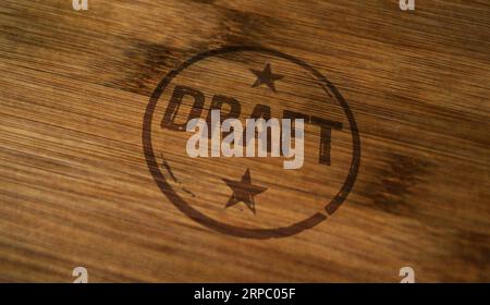 Draft stamp printed on wooden box. Project example concept Stock Photo ...
