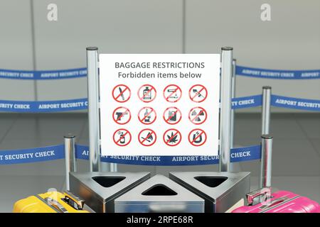 A sign displaying prohibited items at an airport security checkpoint ...