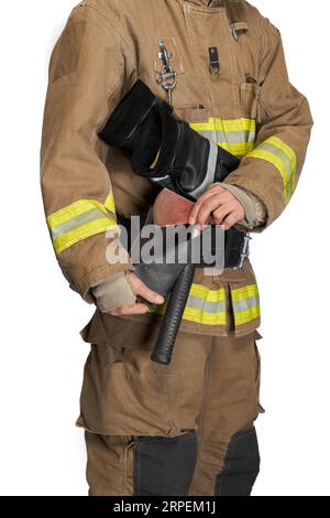 Anonymous male fireman pulling hammer from black leather holster. Crop ...
