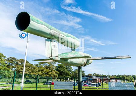 V-1 (vengeance weapon), flying bomb mounted on a stand, on display ...
