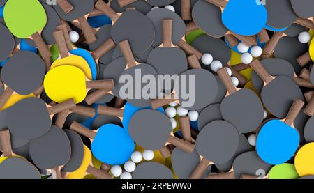 Pile of sport equipment like ping pong racket for table tennis on white ...