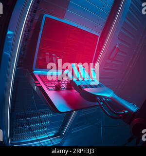 Robot hacking servers. AI hacker. Mechanical robot hand typing on the ...