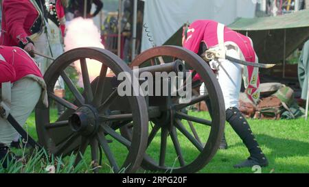 Historic blast of ancient Cannon explosion, soldiers firing an ...