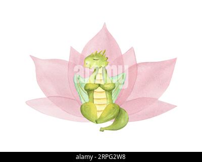 Green Dragon sitting in lotus pose. Animal meditation. Colored winged ...