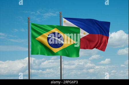 Brazil flag and Philippines flag waving together on blue sky, two ...
