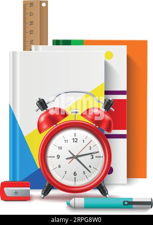 3D marker, alarm clock, ruler. Study time. Composition of vector ...