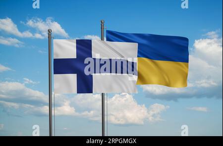 Finland flag and Ukraine flag waving together on blue sky, two country ...