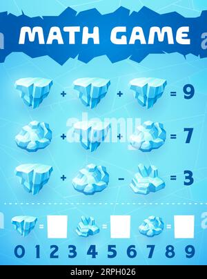 Math game worksheet, ice crystals and cubes, vector mathematics puzzle ...