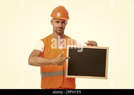 supervisor pointing on advertisement in white studio. supervisor show ...