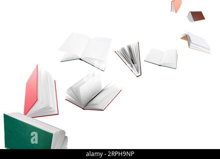 Many flying books on white background Stock Photo - Alamy