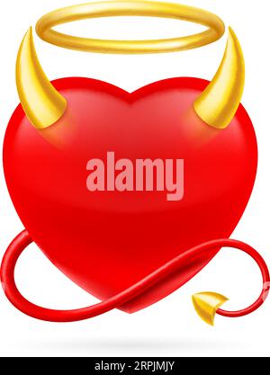 Red Heart with Golden Nimbus and Devil Tail. Cute Cartoon Style ...