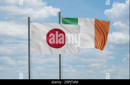 Japan flag and Ireland flag waving together on blue sky, two country ...