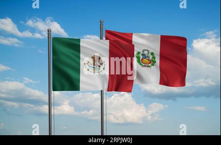 Mexico flag and Peru flag waving together on blue sky, two country ...