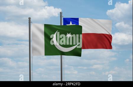 Pakistan flag and Chile flag waving together on blue sky, two country ...
