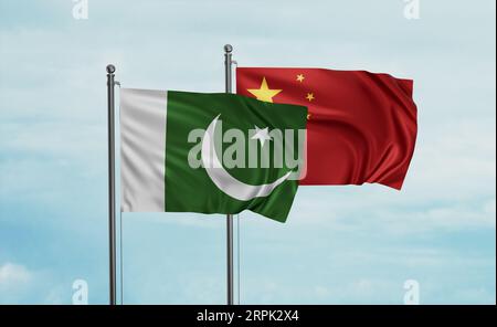 Pakistan flag and China flag waving together on blue sky, two country ...