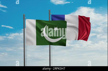 Pakistan and France flags waving together on blue cloudy sky, two ...