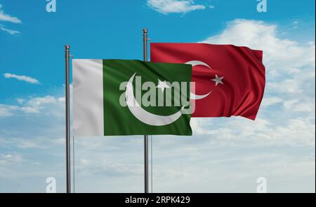 Republic of Turkey and Pakistan flags waving together in the wind on ...