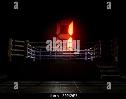A modern boxing ring with an illuminated digital screen with the number ...