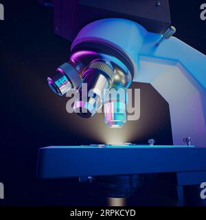 A colorfully lit modern microscope showing the specimen under ...