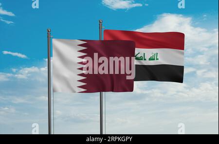 Qatar and Iraq flag waving together in the wind on blue sky, two ...