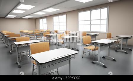 Rows of student desks inside the classroom. 3D illustration Stock Photo ...
