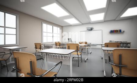 Rows of student desks inside the classroom. 3D illustration Stock Photo ...