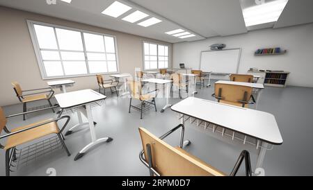 Rows of student desks inside the classroom. 3D illustration Stock Photo ...