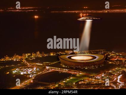 City, ufo and invasion with light beam, contact or spaceship with ...