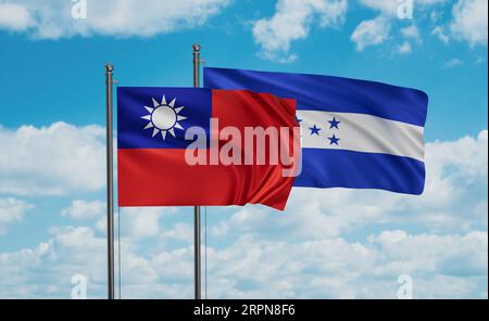 Honduras and Taiwan flags waving together in the wind on blue cloudy ...