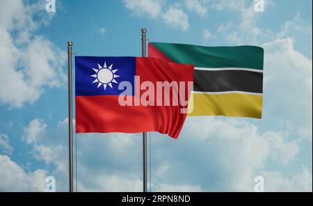 Namibia and Taiwan flag waving together in the wind on blue sky, two ...